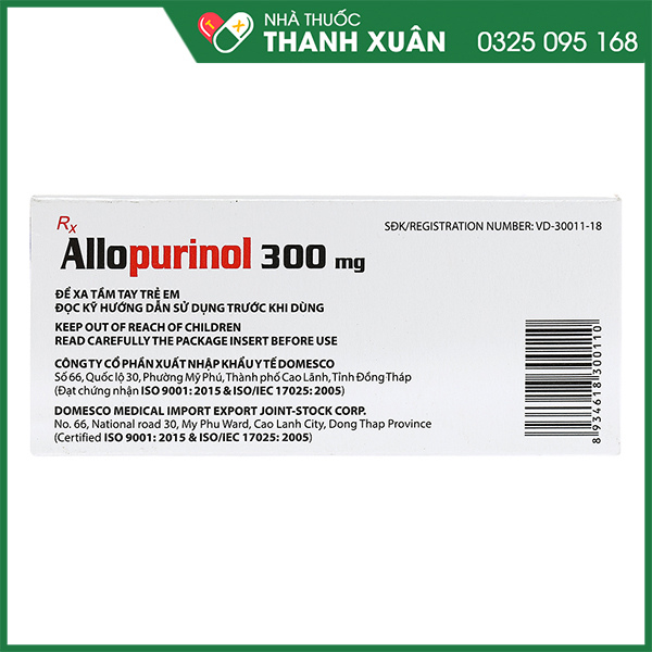 Allopurinol 300 trị gout mãn tính, sỏi thận