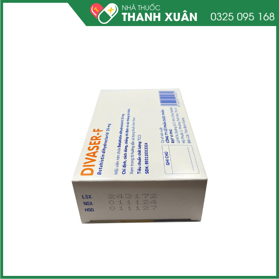 Divaser-F điều trị chứng chóng mặt ù tai, nôn ói, nhức đầu